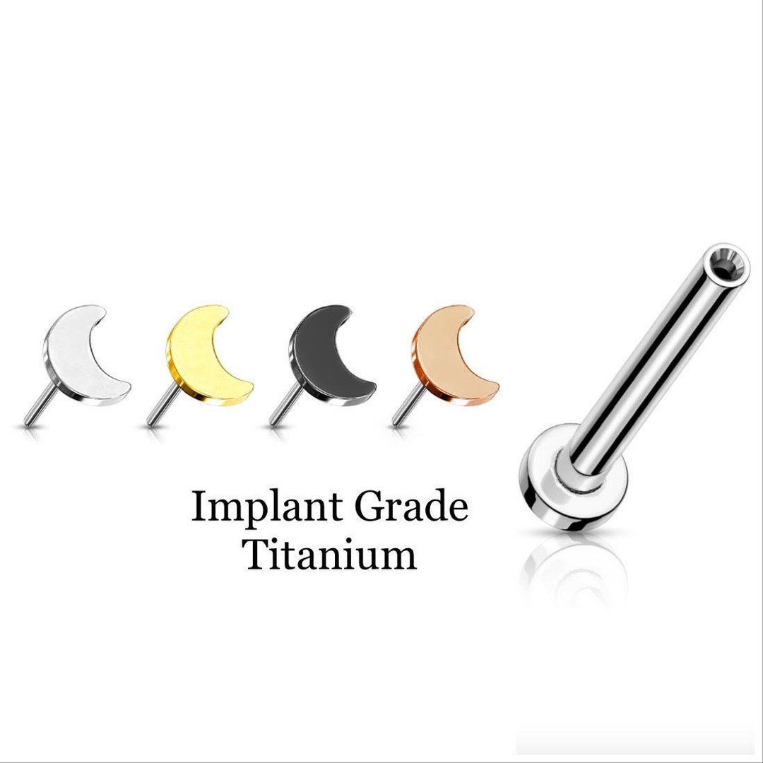 Crescent Moon Push in Flat Back Labret Stud Earring Implant Grade Titanium Threadless Push in CZ ...