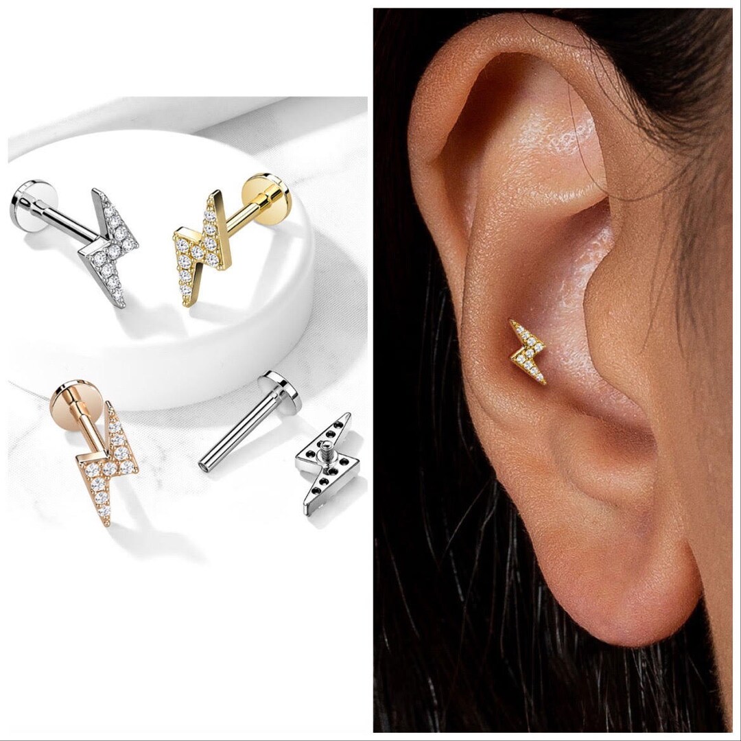 Lightening Bolt Piercing CZ Pave Minimalist Ear Cartilage - Etsy