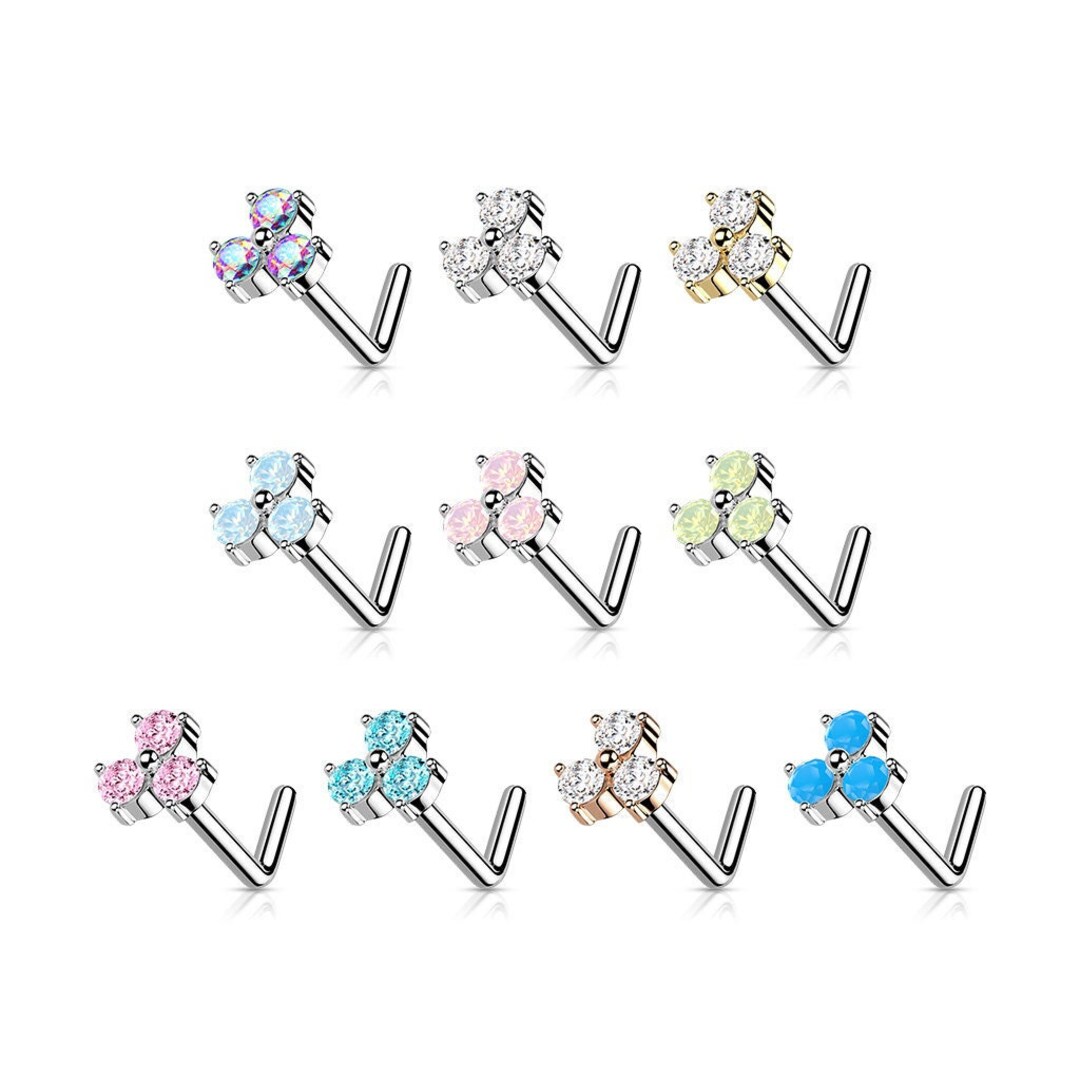 Trinity Triple Stud Opalite Crystal Nose Stud L Bend Nose Ring Prong ...