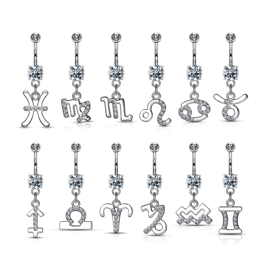 Zodiac Symbol Belly Rings Birth Signs Clear Gems Dangle Navel - Etsy