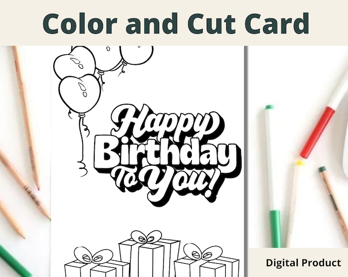 Printable Coloring Happy Birthday Cards for Adults, Digital Colouring ...