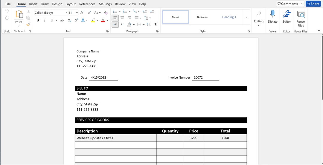 Invoice Template for Microsoft Word - Etsy