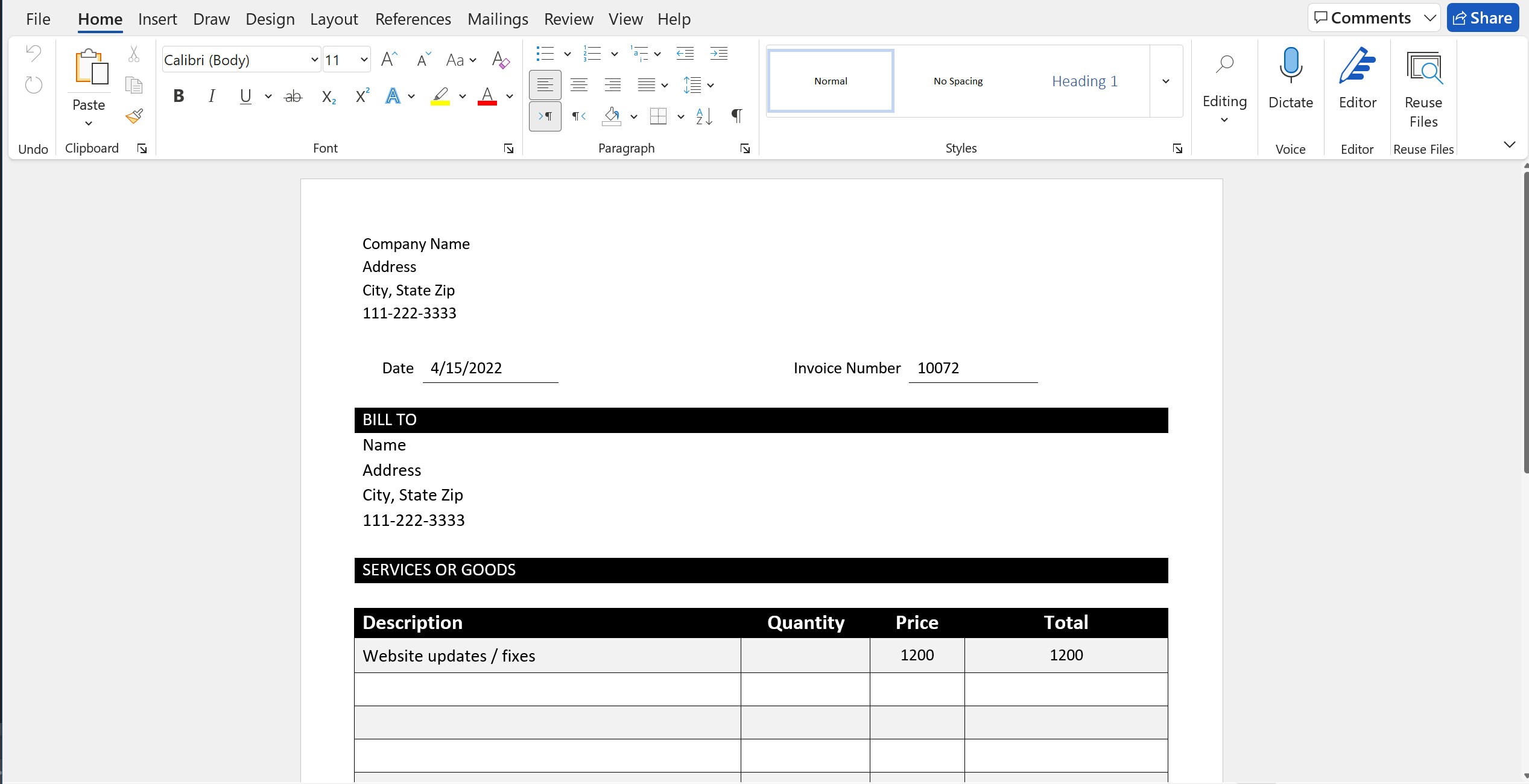 Invoice Template for Microsoft Word - Etsy