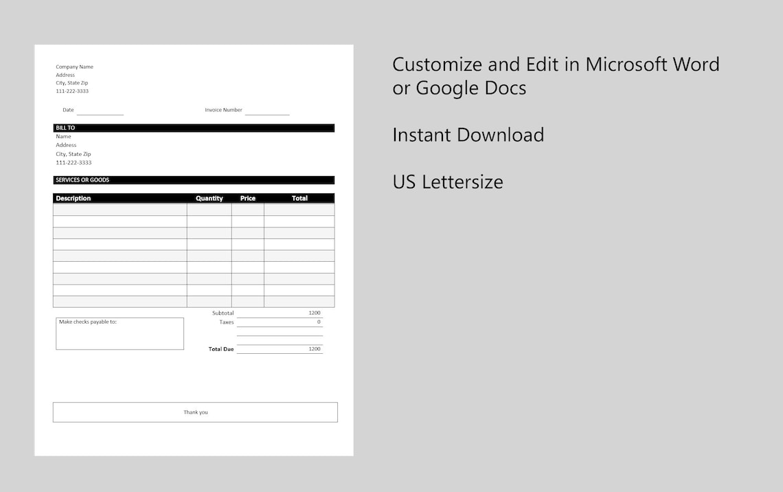 Invoice Template for Microsoft Word - Etsy
