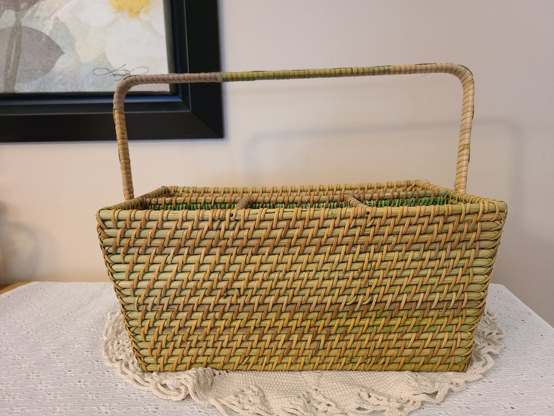 Vintage Wicker Caddy Basket, Storage and Organizing, Wicker Boho Decor ...