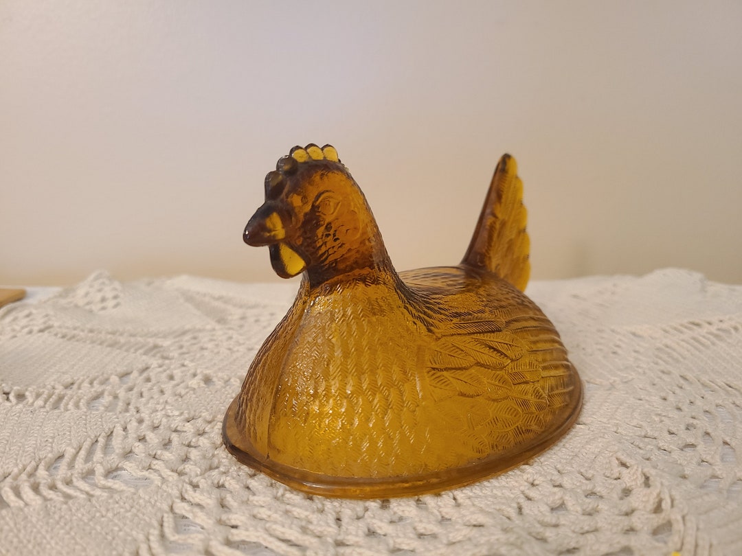 Vintage Indiana Glass Hen on Nest Amber Chicken Covered Candy Dish Bowl ...