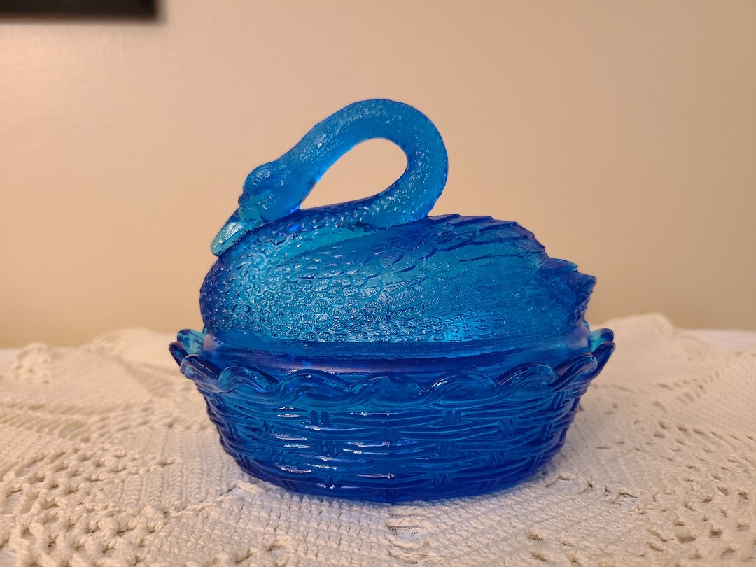 Vintage Cobalt Blue Glass Swan on Nest Covered Trinket Candy Dish - Etsy