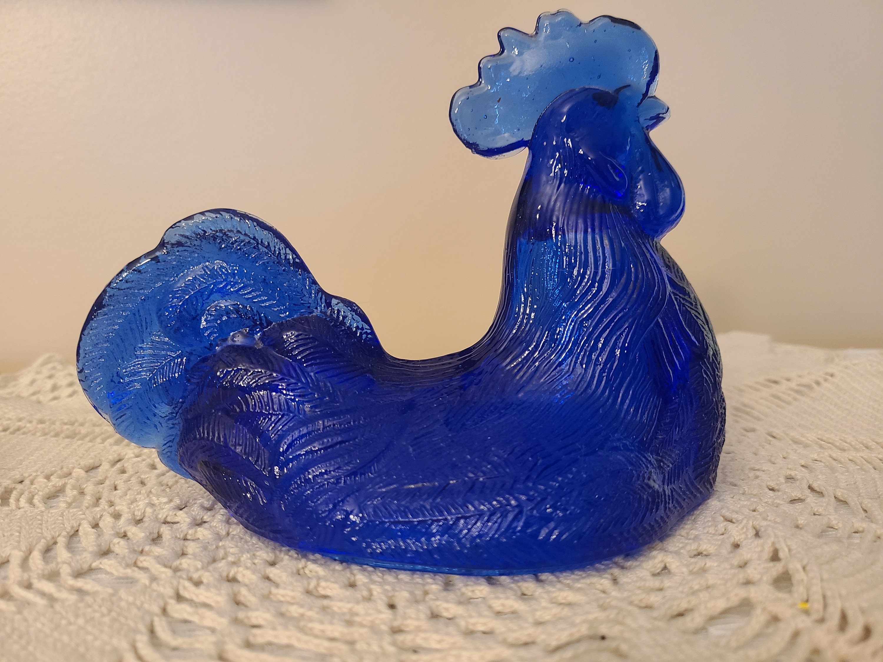 Cobalt Blue Depression Glass Standing Rooster Candy Trinket Dish Top ...