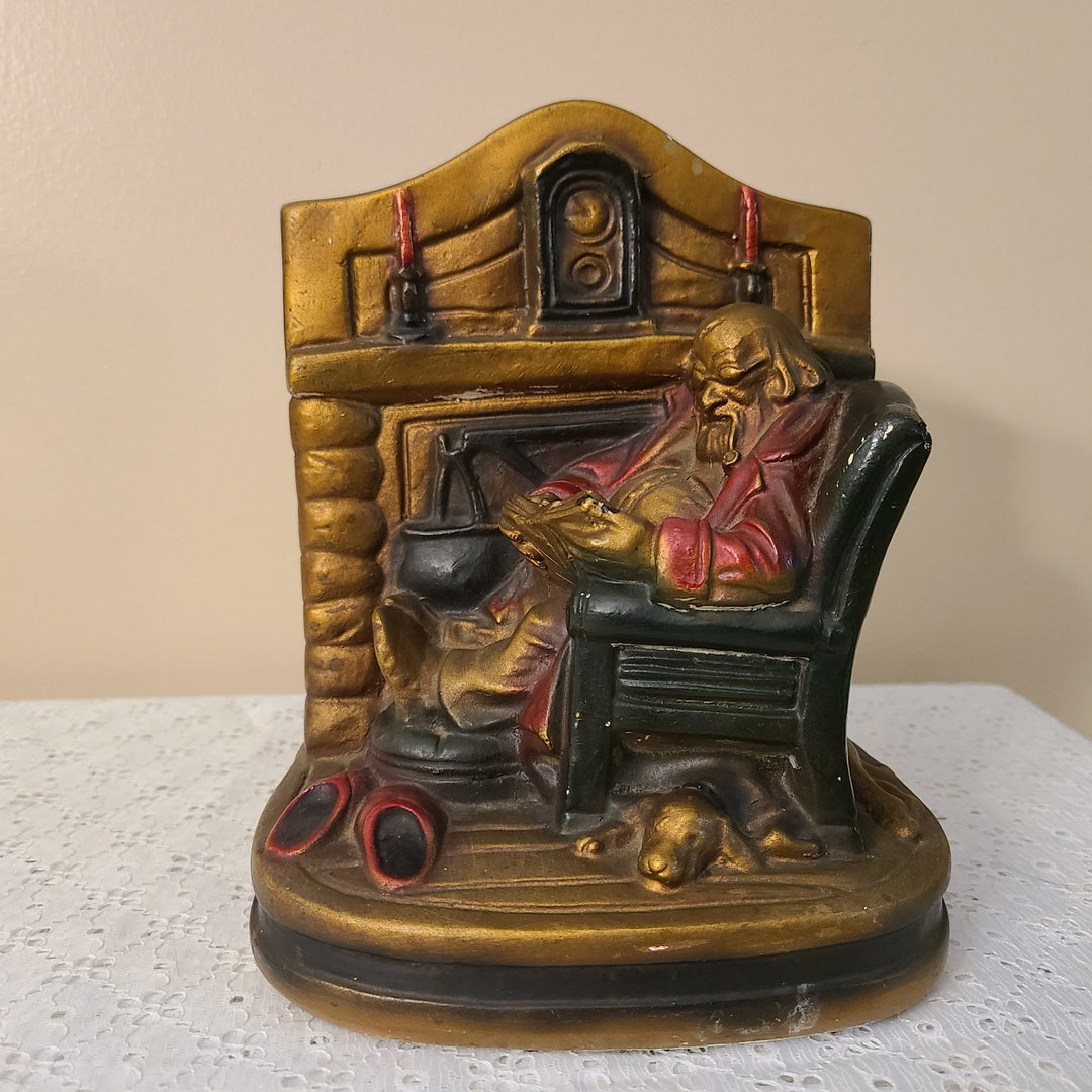 G. S. Allen Armor Bronze Clad Bookend - Old Man Reading by Fireplace ...