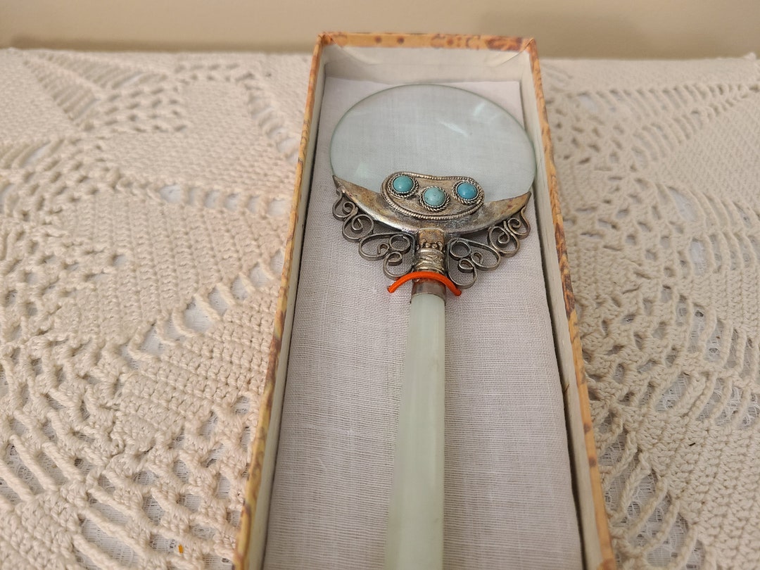 Vintage Antique Metalwork Magnifying Glass W/ Jade Handle Turquoise ...