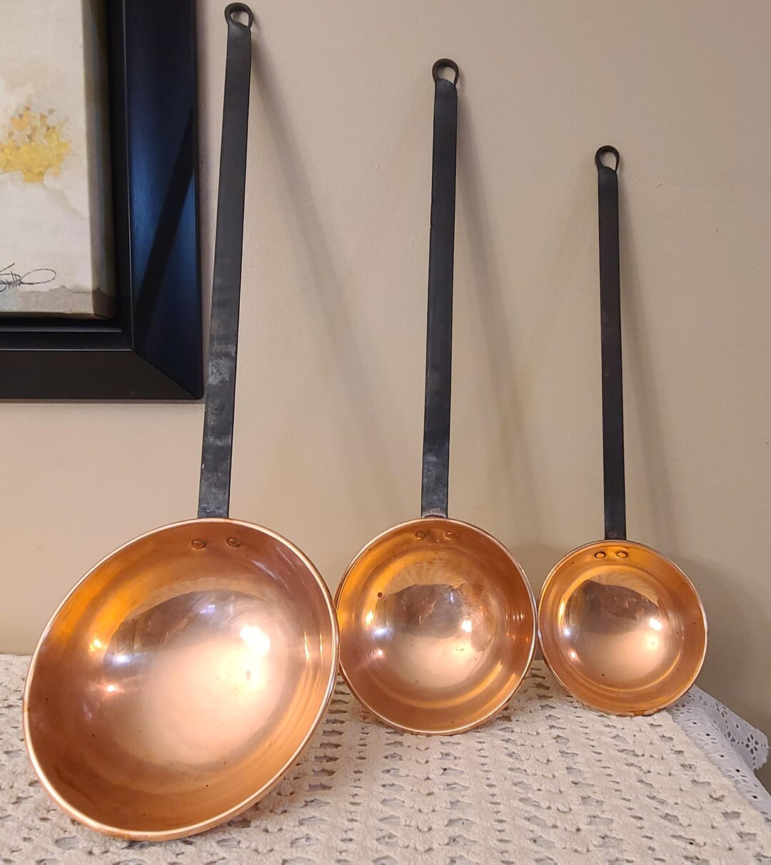 Set of 3 Copper Ladles Dippers 3 Sizes Iron Handle Farmhouse Primitive ...