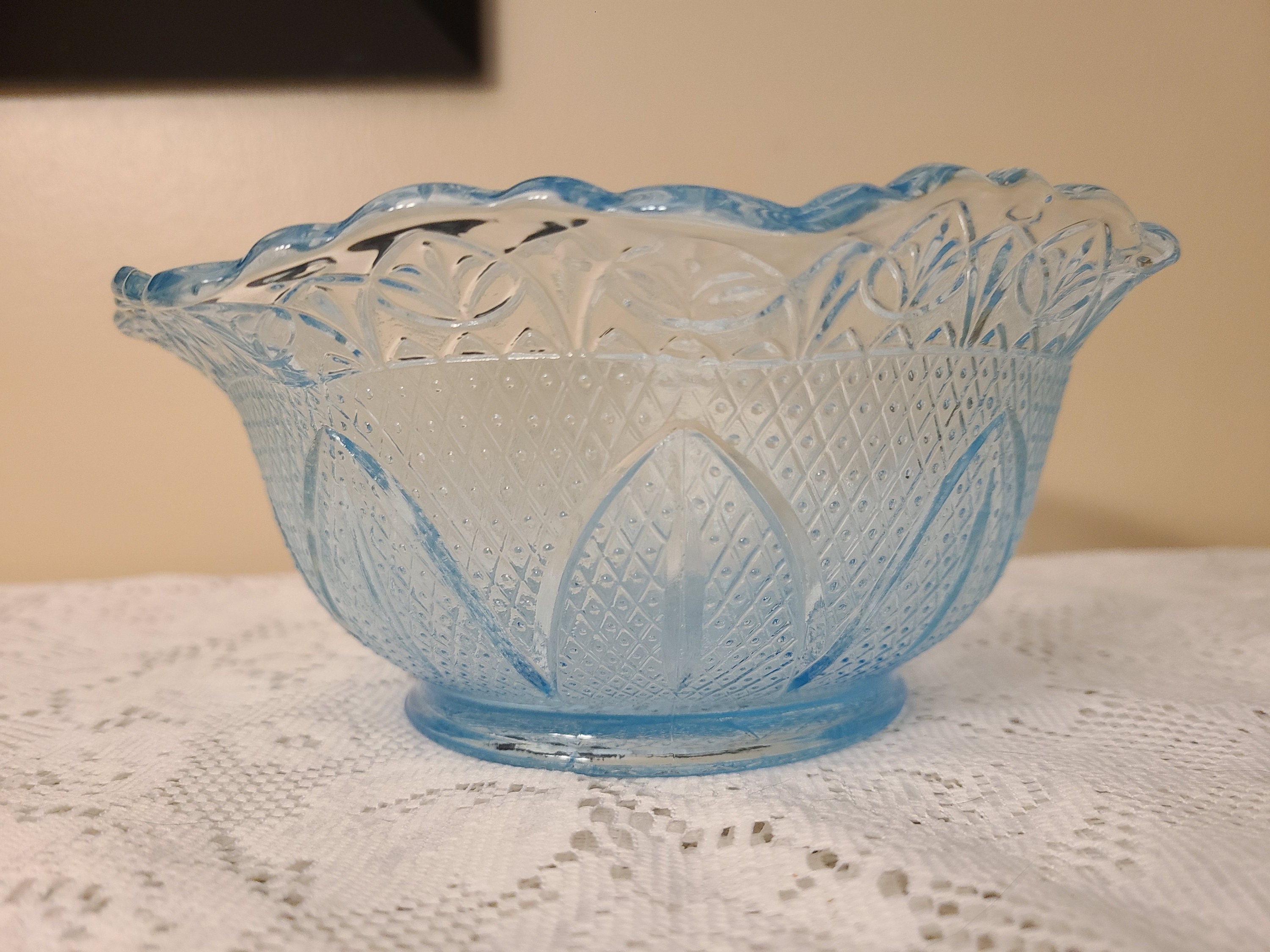 Vintage Princess House Capri Blue Pressed Glass Bowl Scalloped Quilted ...