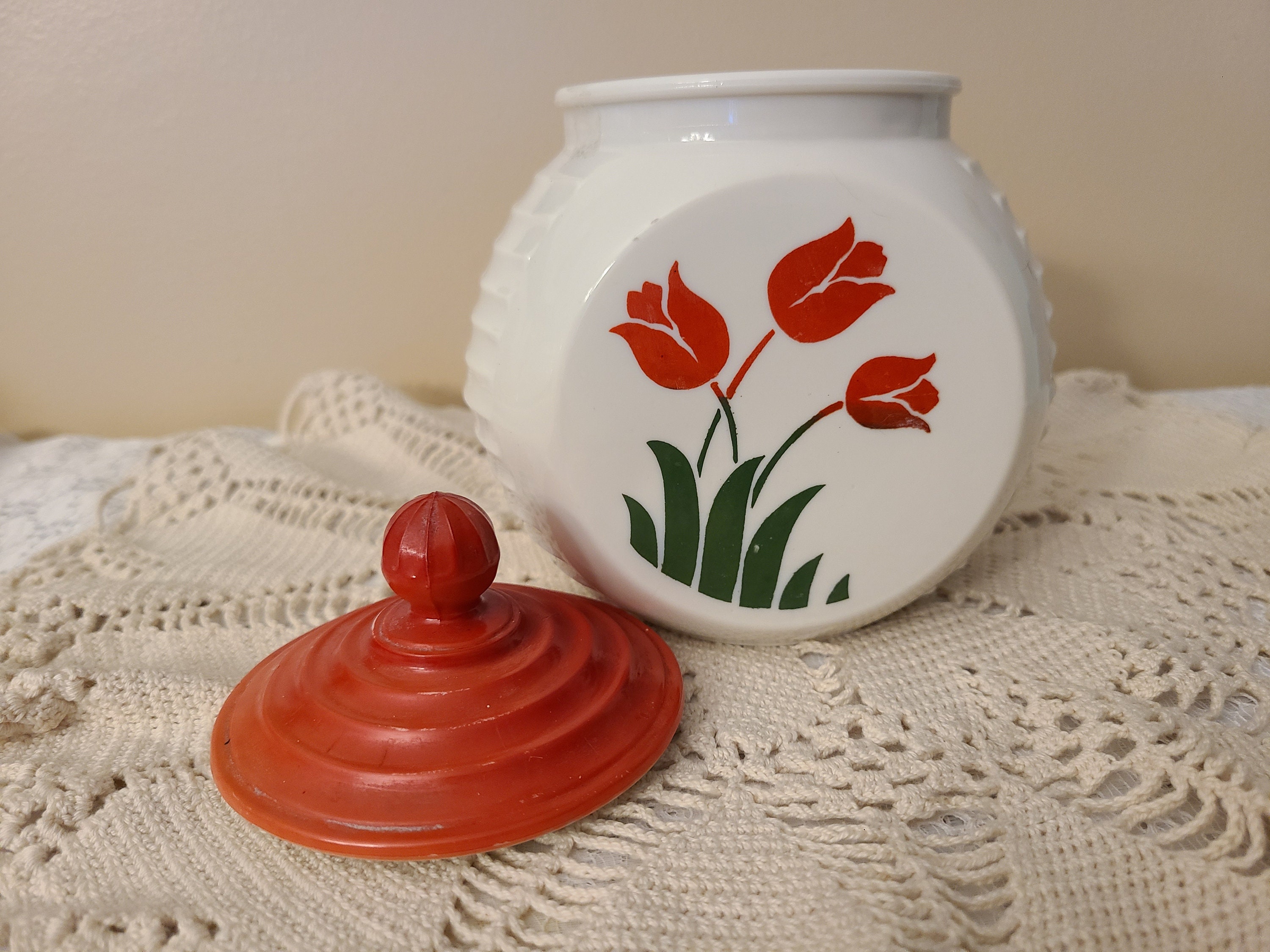 Vtg Grease Jar White Milk Glass Fire King Vitrock Tulips 7 Red Lid Etsy