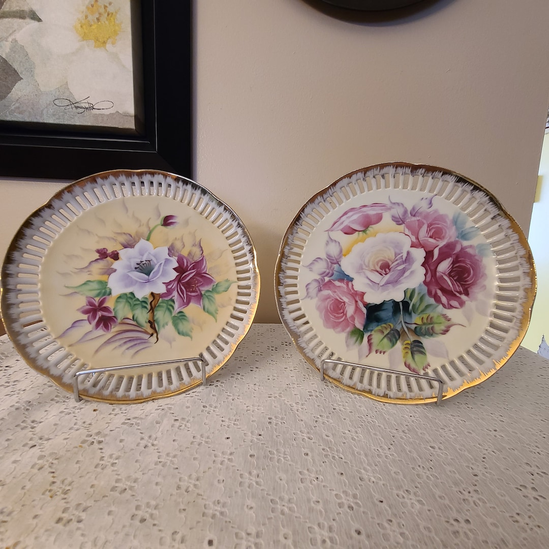 Hand Painted Decorative Floral Plates With Gold Trim. Set of 2 - Etsy