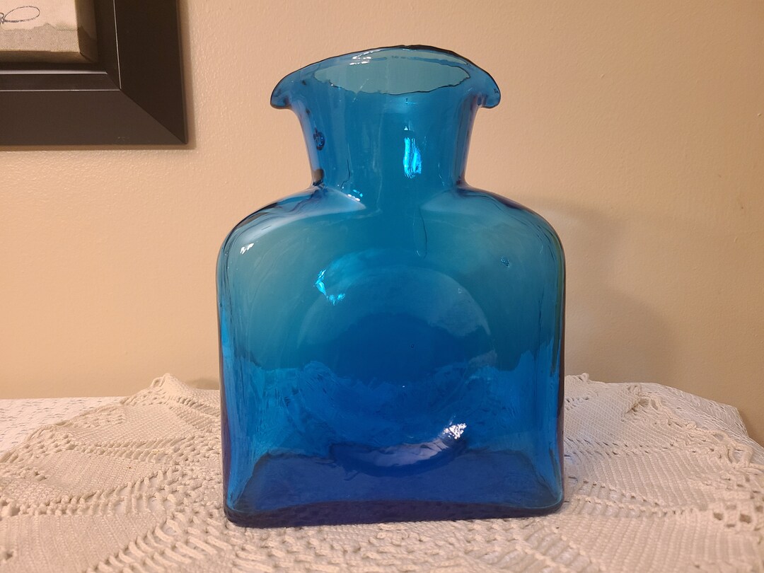Blenko Double Spout Vintage Cobalt Blue Glass Water Pitcher Carafe 8 ...