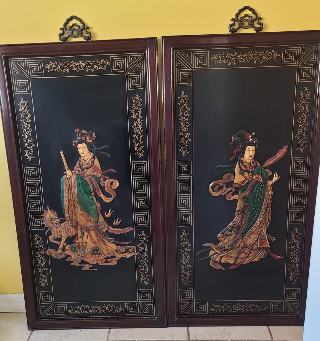 Vintage Pair of Chinese Carved Wood Art Raised Relief Plaques of ...