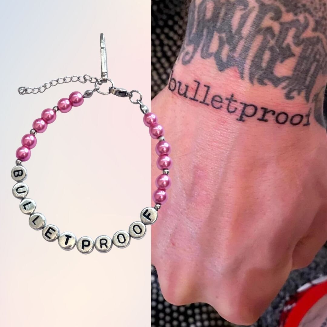 Machine Gun Kelly Tattoo Inspired Bulletproof Bracelet Pink Pearl Punk ...