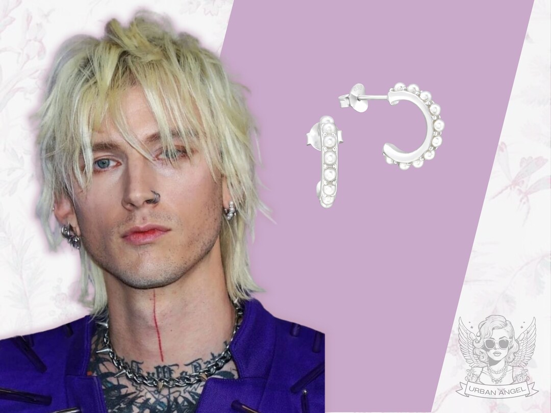 Machine Gun Kelly Inspired Punk Unisex Half Pearl Hoops Sterling Silver ...
