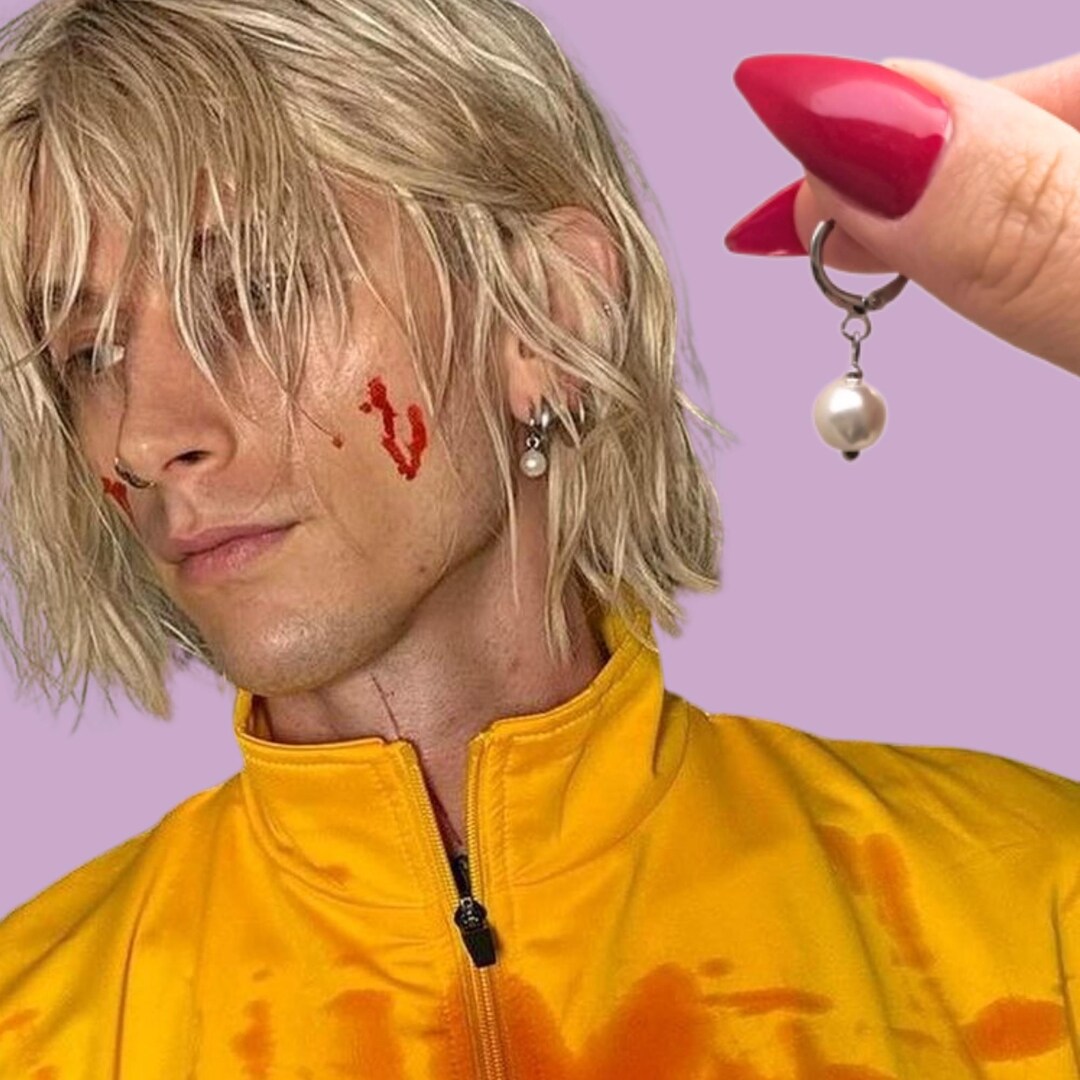 Machine Gun Kelly Inspired Unisex Dangly Pearl Hoop Worn as Part of His ...