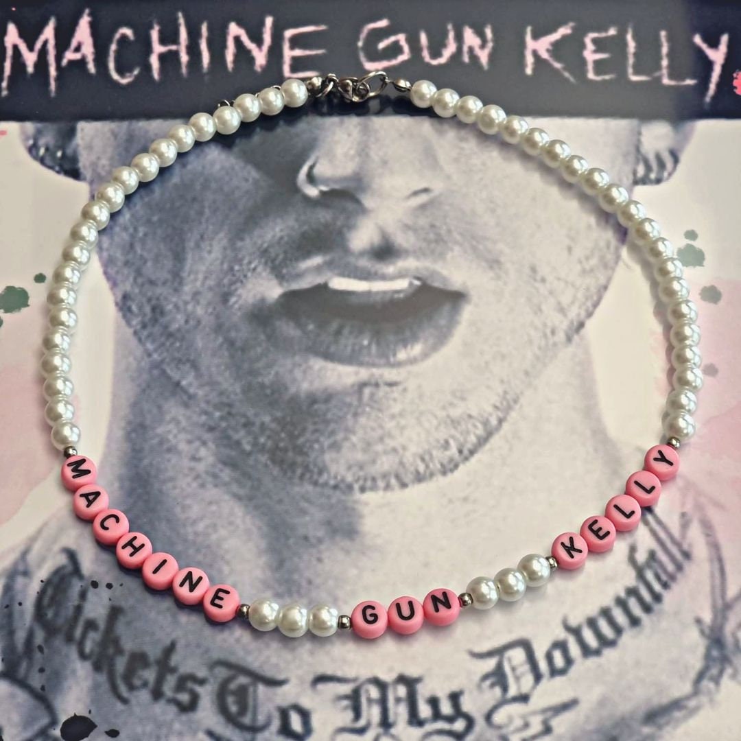 Machine Gun Kelly Inspired Pink Spellout Letter Pearl Necklace MGK ...