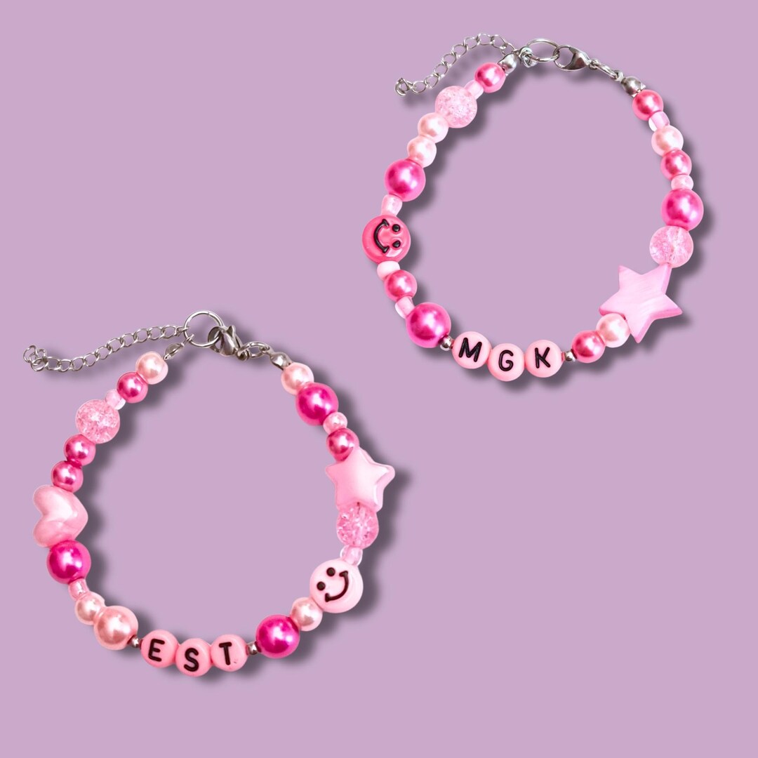 Machine Gun Kelly Inspired MGK Bracelet - Pink Pearl Beaded Punk Unisex ...