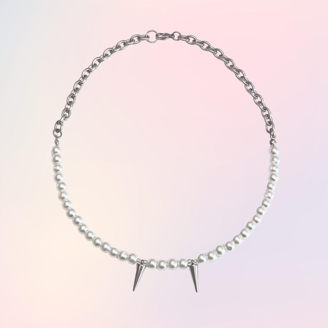 Handmade Pearl Necklace With Spikes - Pearl Silver Punk Unisex Necklace ...