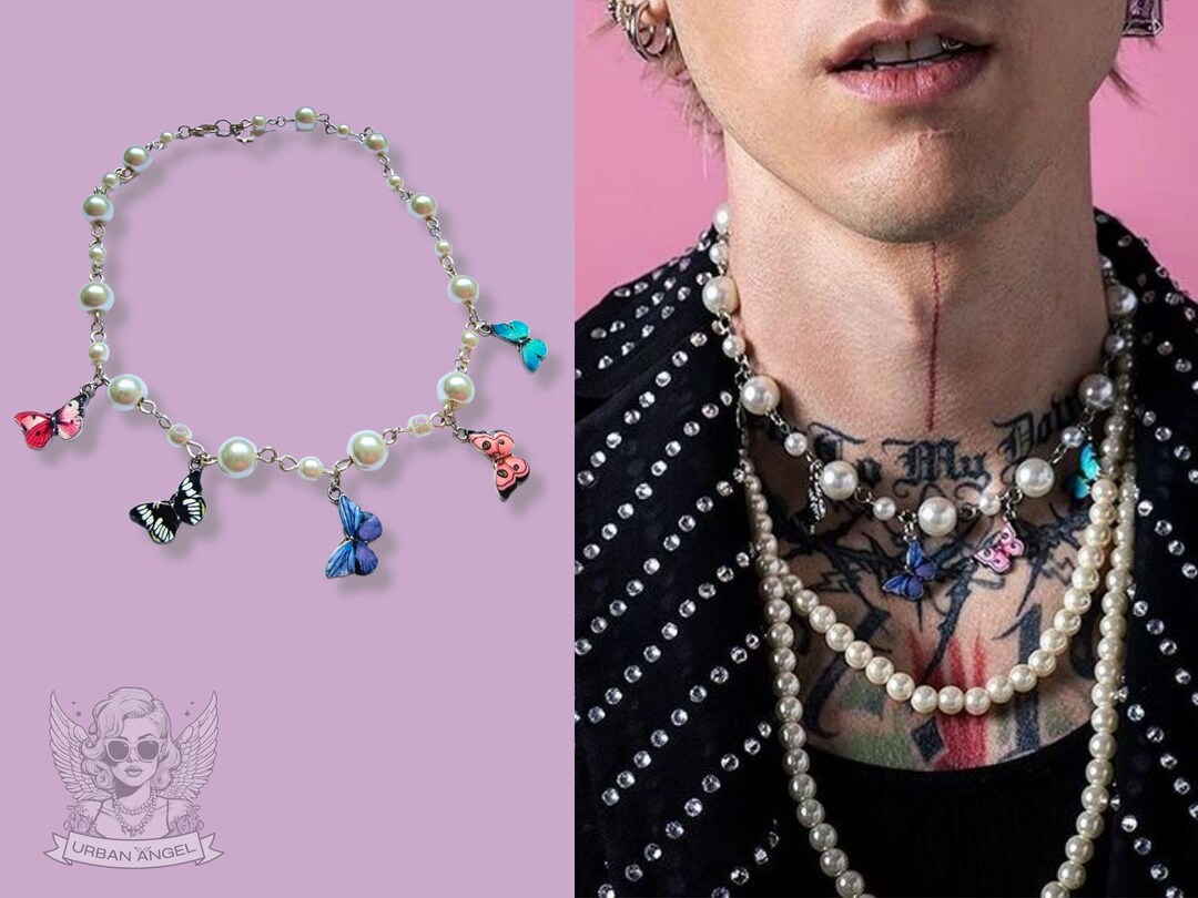 Machine Gun Kelly Inspired Handmade Pearl Necklace With Butterflies ...