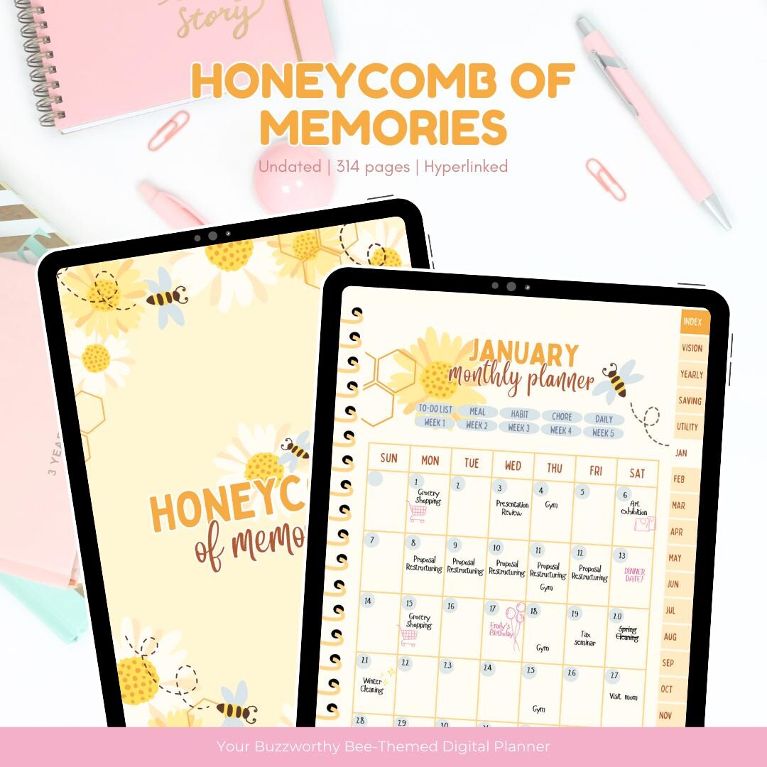 Honey Bee Digital Planner | Hyperlinked Undated Monthly Weekly & Daily ...