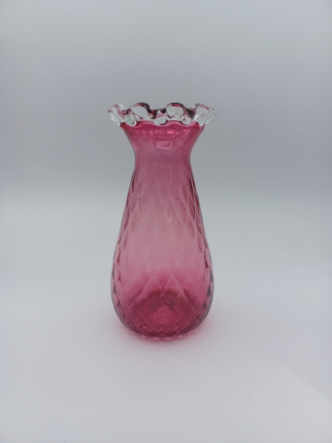 Quilted Optical Cranberry Glass Vase With Clear Ruffled Rim - Etsy