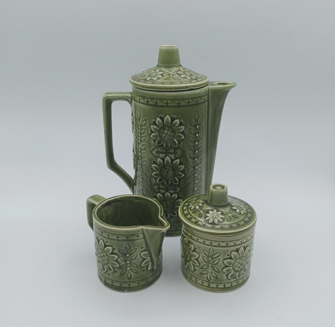 MCM Green Ceramic, Sunflower Design 3pc Tea Set, Made in Japan - Etsy