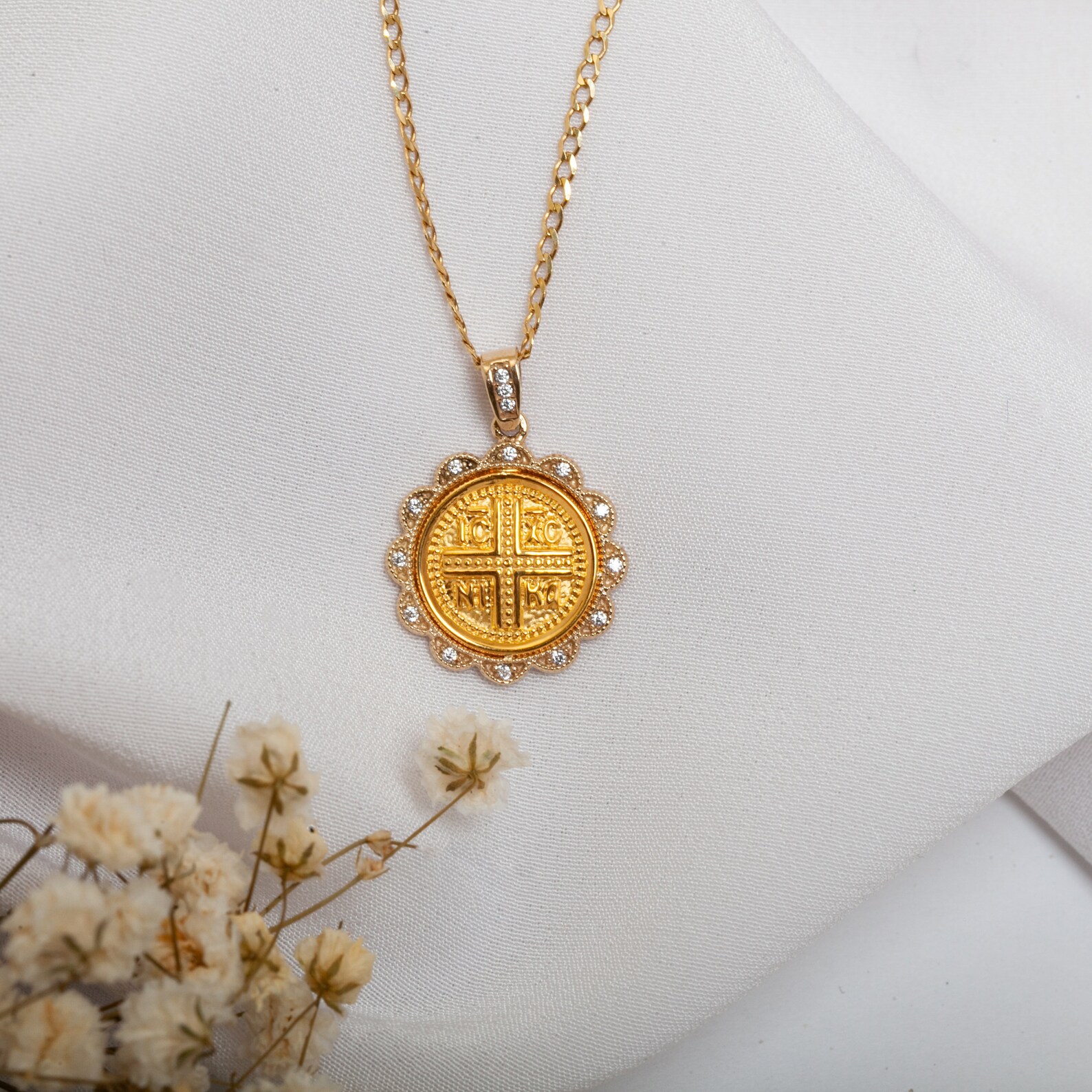 Constantine Coin Necklace, 14K, Solid Gold, ICXC NIKA, Christian ...