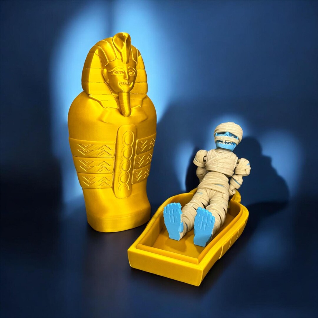 3D Printed Articulating Mummy and Sarcophagus – Unique Movable Figurine ...