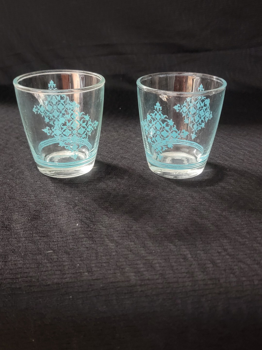 2 Vintage Hazel Atlas Turquoise LACE Sour Cream Juice Glass Tumblers 1/ ...