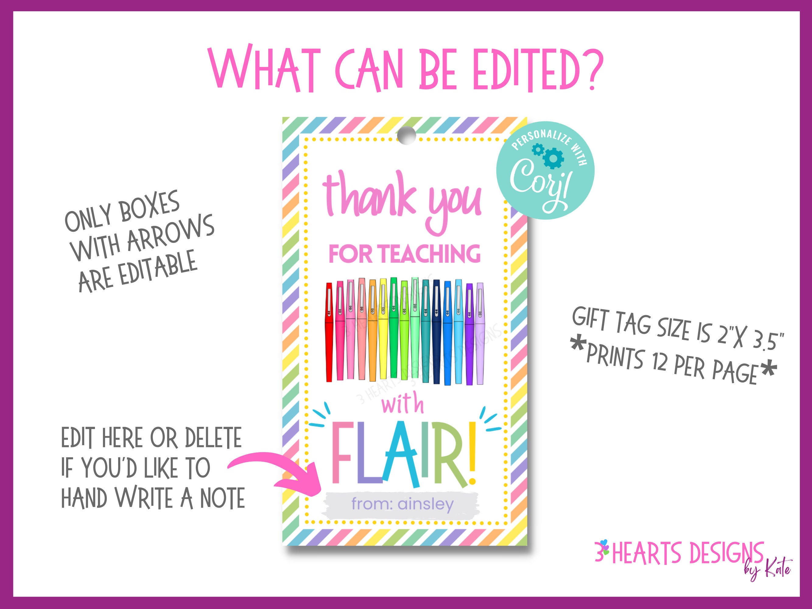 Flair Pen Gift Tag | Teacher Appreciation (printable Corjl) - Etsy