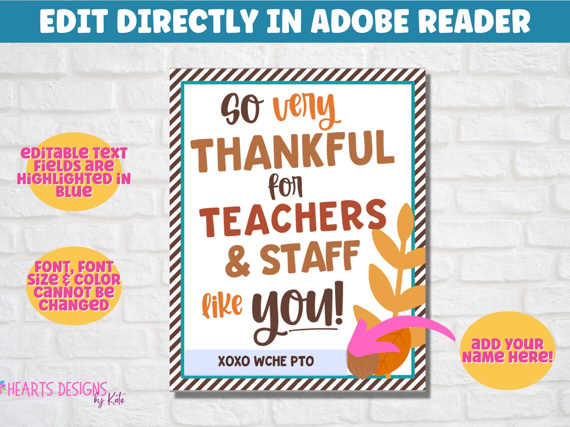 Teacher Appreciation Sign Printable Thankful for You Fall - Etsy