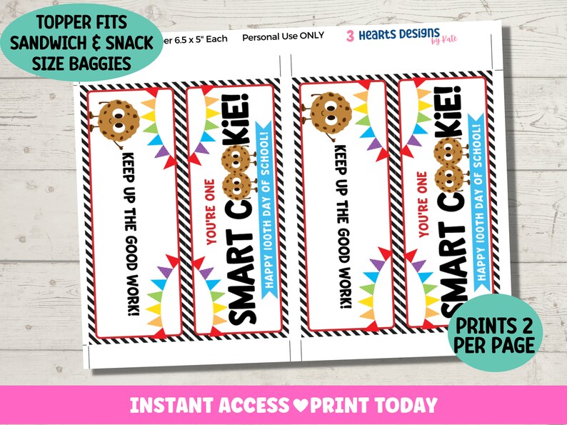 100 Days of School Treat Bag Topper Printable One Smart - Etsy