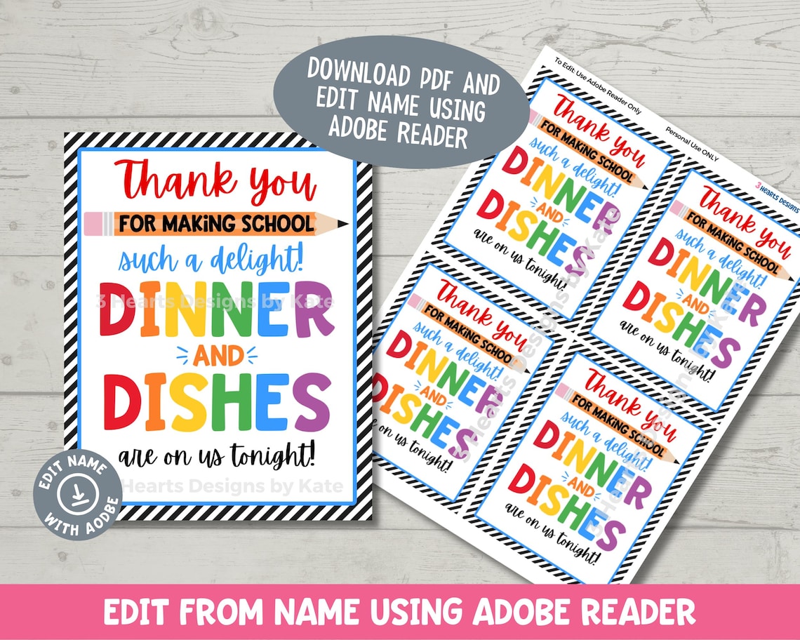 Teacher Appreciation Gift Tag: Dinner & Dishes Card | Instant Download ...