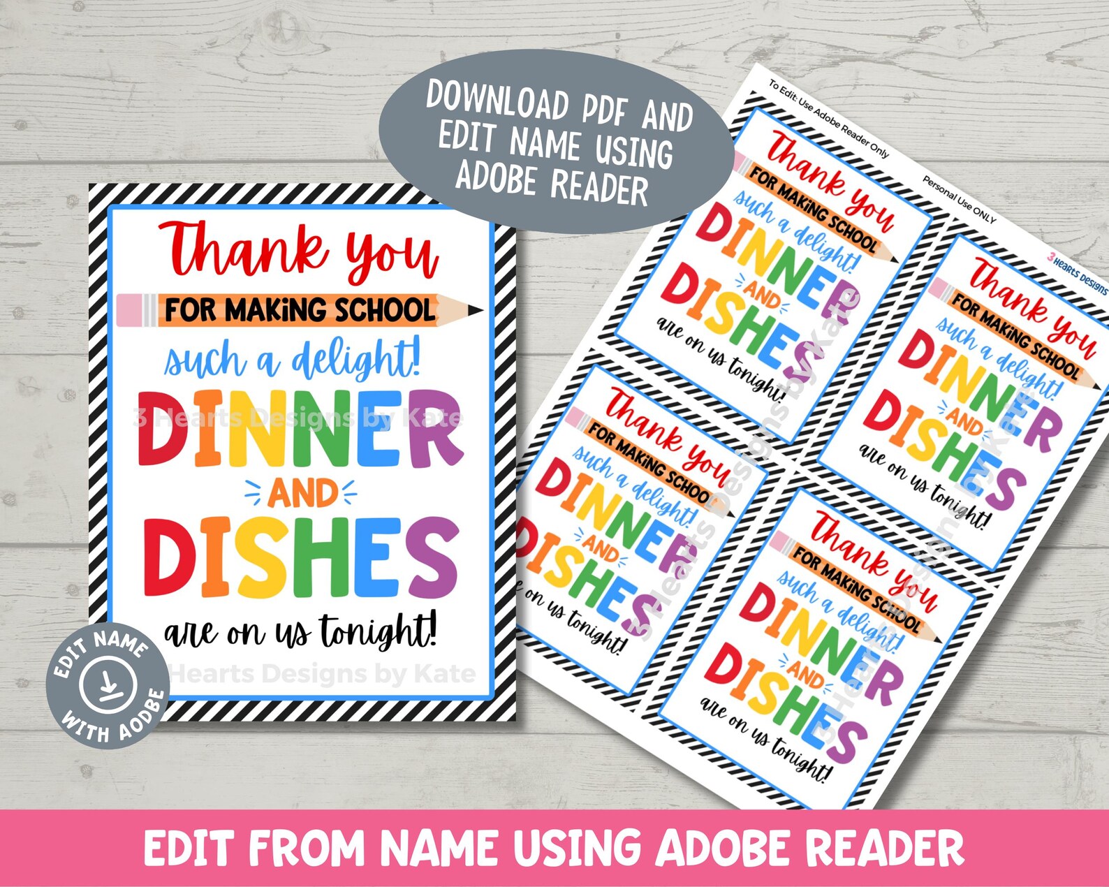 Teacher Appreciation Gift Tag: Dinner & Dishes Card | Instant Download ...