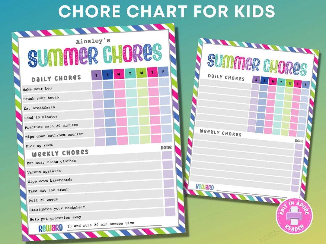 Editable Summer Chore Chart for Kids: Daily & Weekly Routine | Instant ...