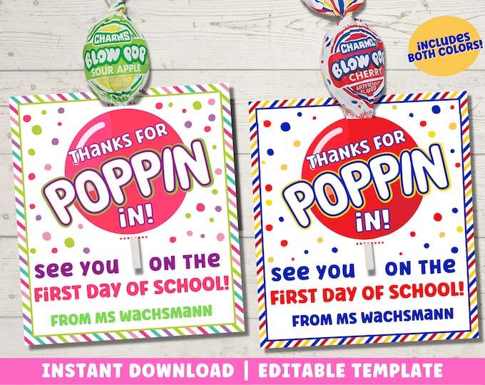 Back to School Lollipop Tag, DIGITAL EDITABLE DOWNLOAD, Thanks for ...