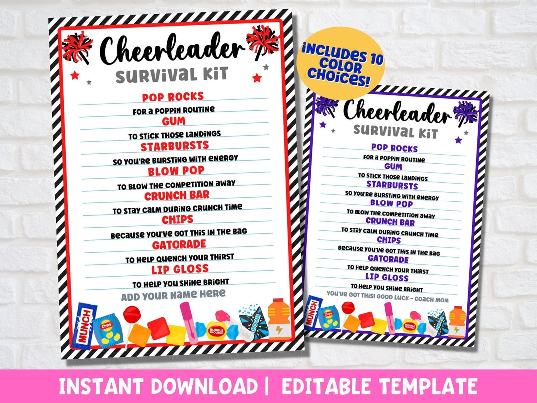 Personalized Cheerleading Survival Kit Printable for Competitions and ...