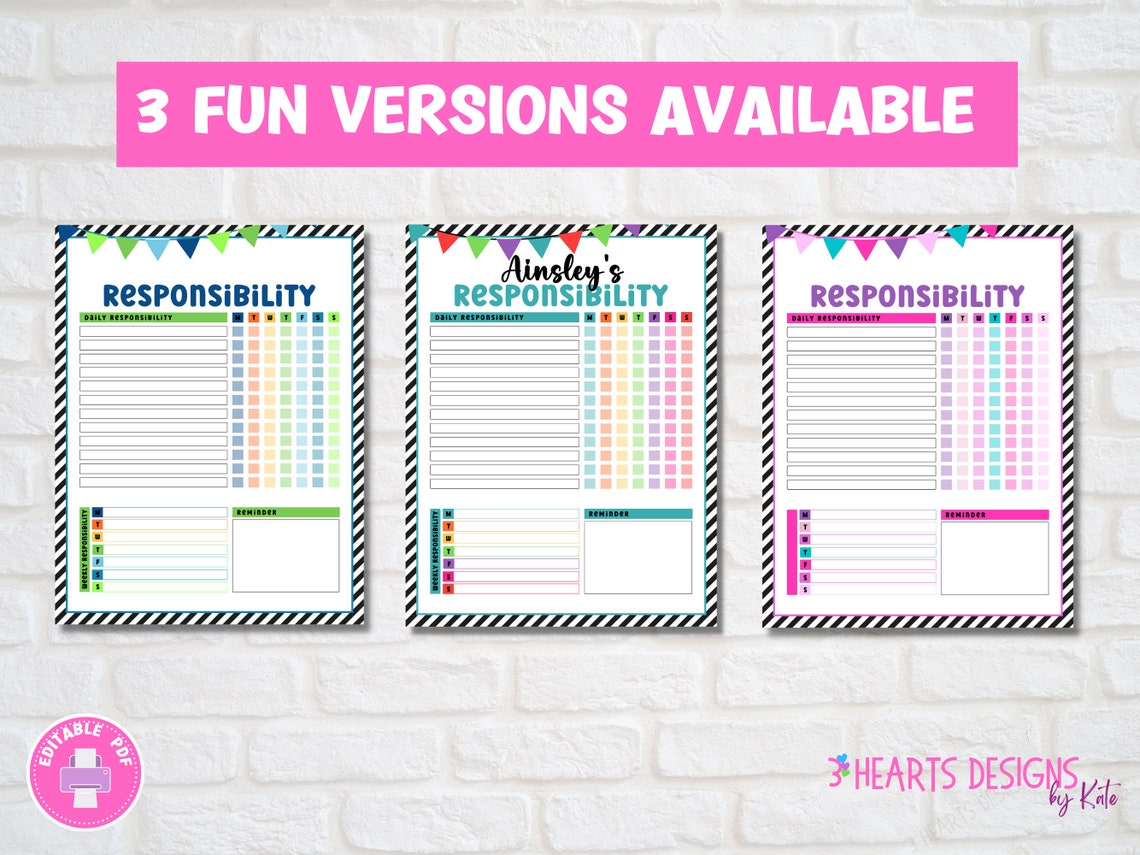 Editable Chore Chart for Kids Printable Responsibility Chart - Etsy