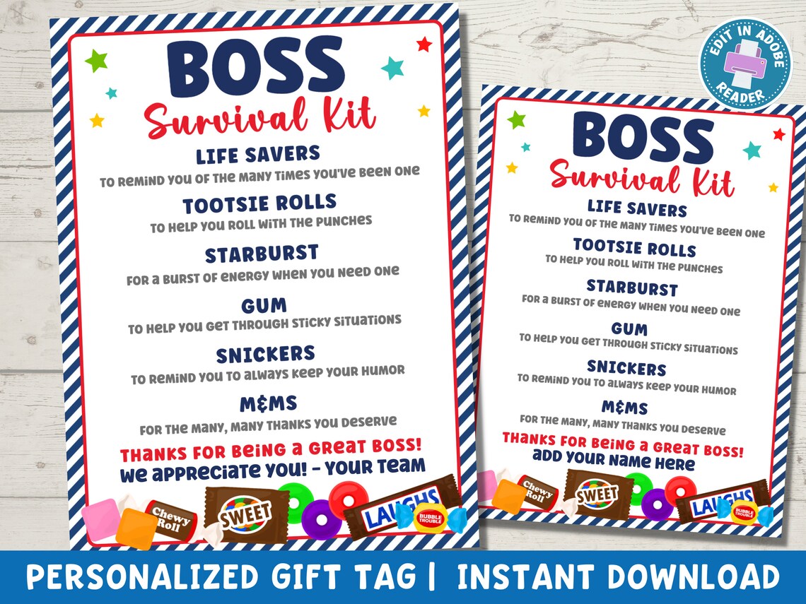 Printable Boss Survival Kit Gift Tag - Funny Appreciation Gift for ...