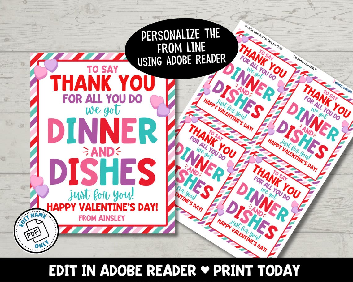 Valentine Dinner & Dishes Gift Tag: Teacher, Friend, Coworker | Instant ...