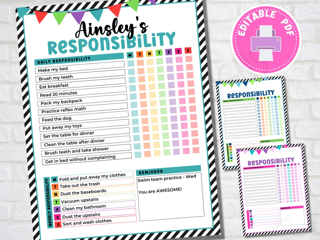 Editable Chore Chart for Kids| Printable Responsibility Chart | Chore ...
