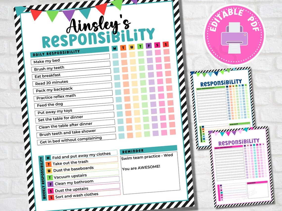 Editable Chore Chart for Kids Printable Responsibility Chart - Etsy