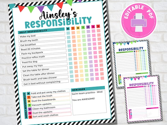 Editable Chore Chart for Kids Printable Responsibility Chart - Etsy