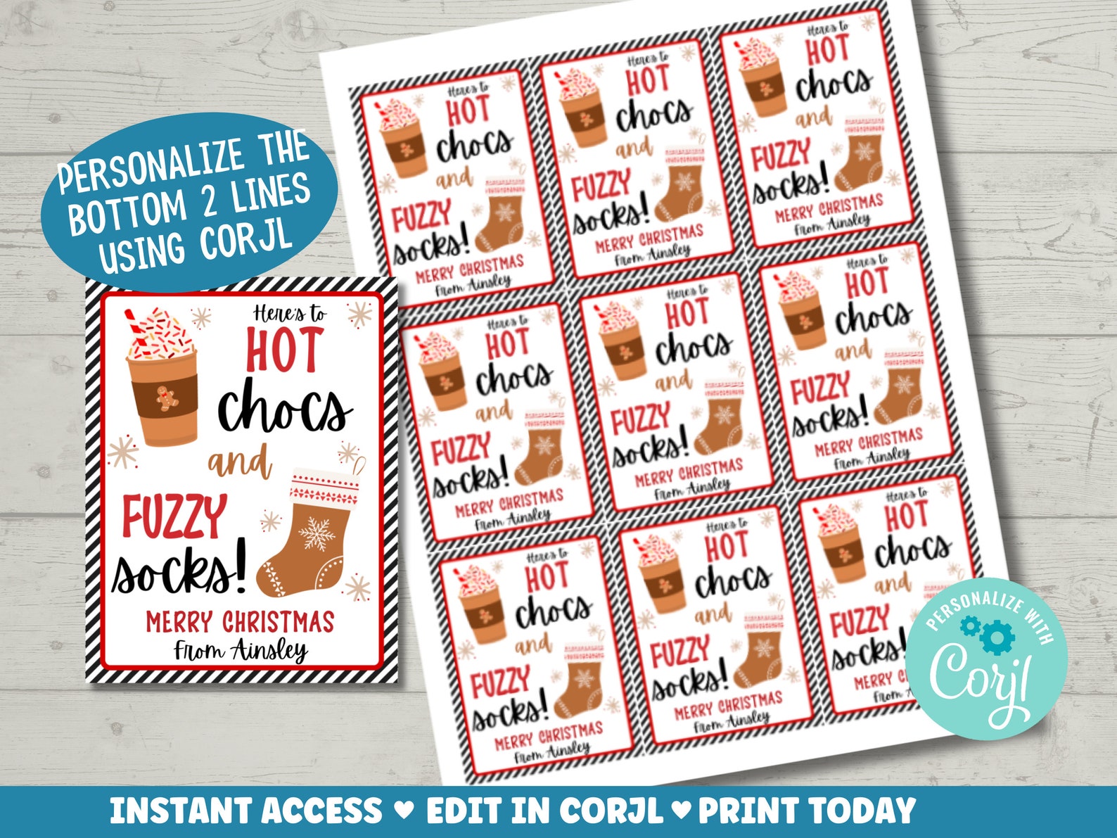 Hot Chocolate and Fuzzy Socks Christmas Printable Gift Tag Secret Santa ...