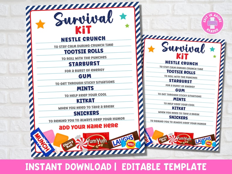 Survival Kit Printable Tags for Staff Volunteer Work | Emergency Treats ...