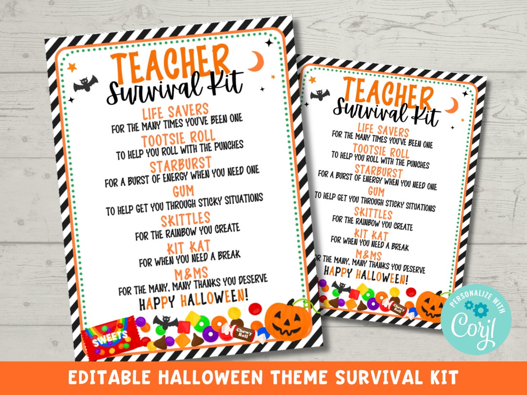 Customizable Halloween Teacher Survival Kit Gift Tag Printable Corjl ...